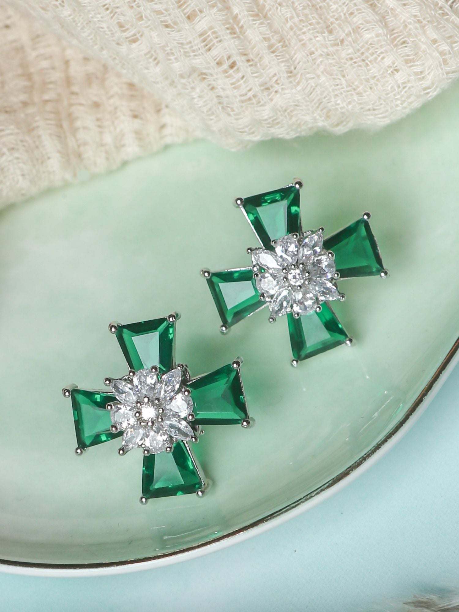 Traditional Green Silver Plated Studs | Earrings For Women | Johori