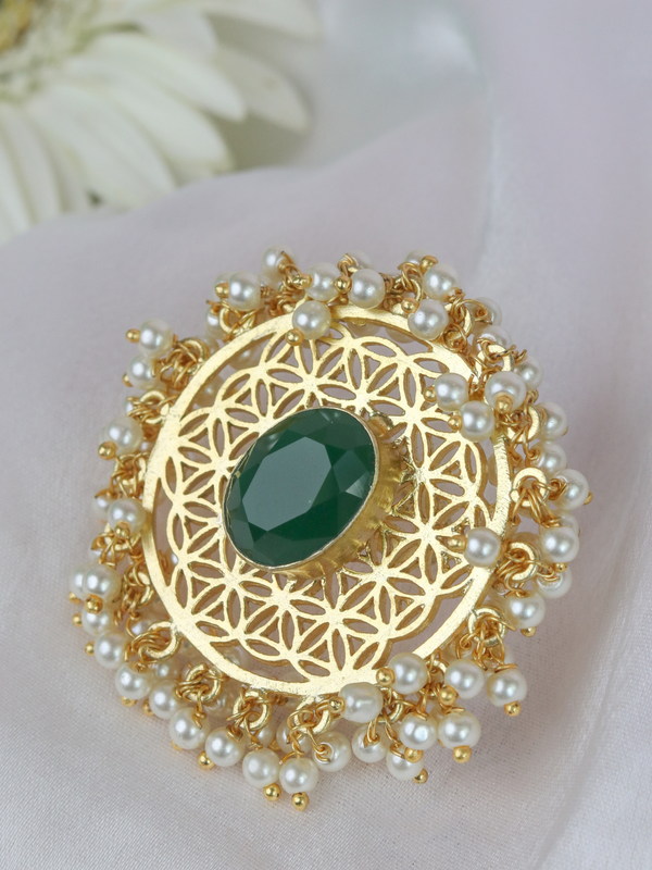 Designer Green Gold Plated Jali Ring | Ring For Women | Johori