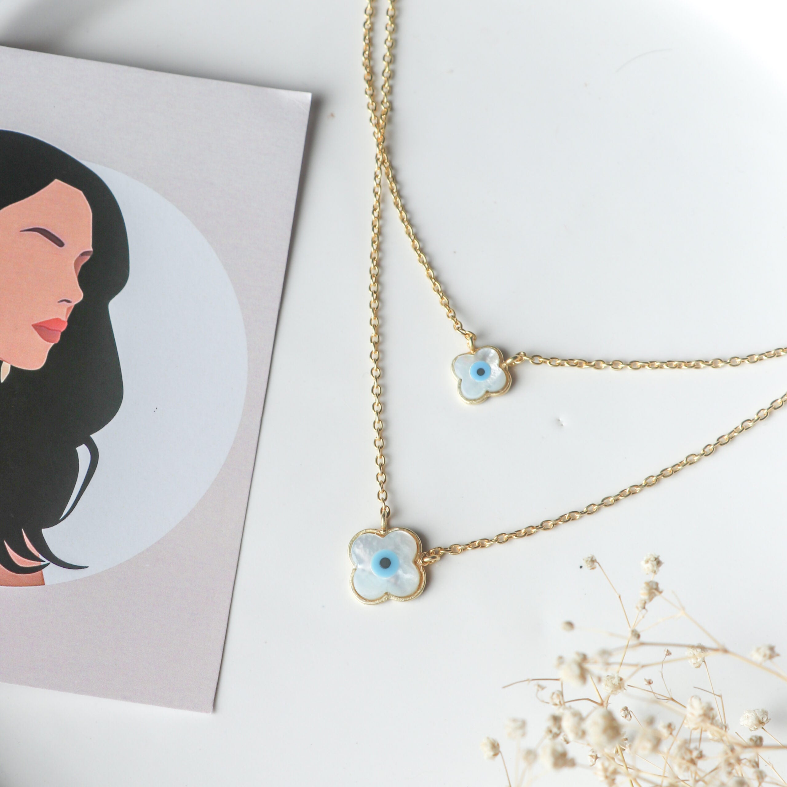 Double-Layered Clover Evil Eye Gold Plated Necklace | Johori